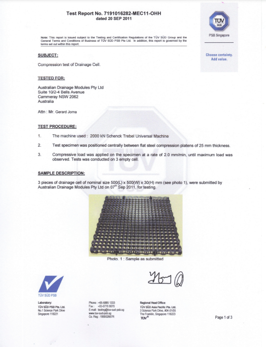 Test Reports Collection - Ausdrain Drainage Cell